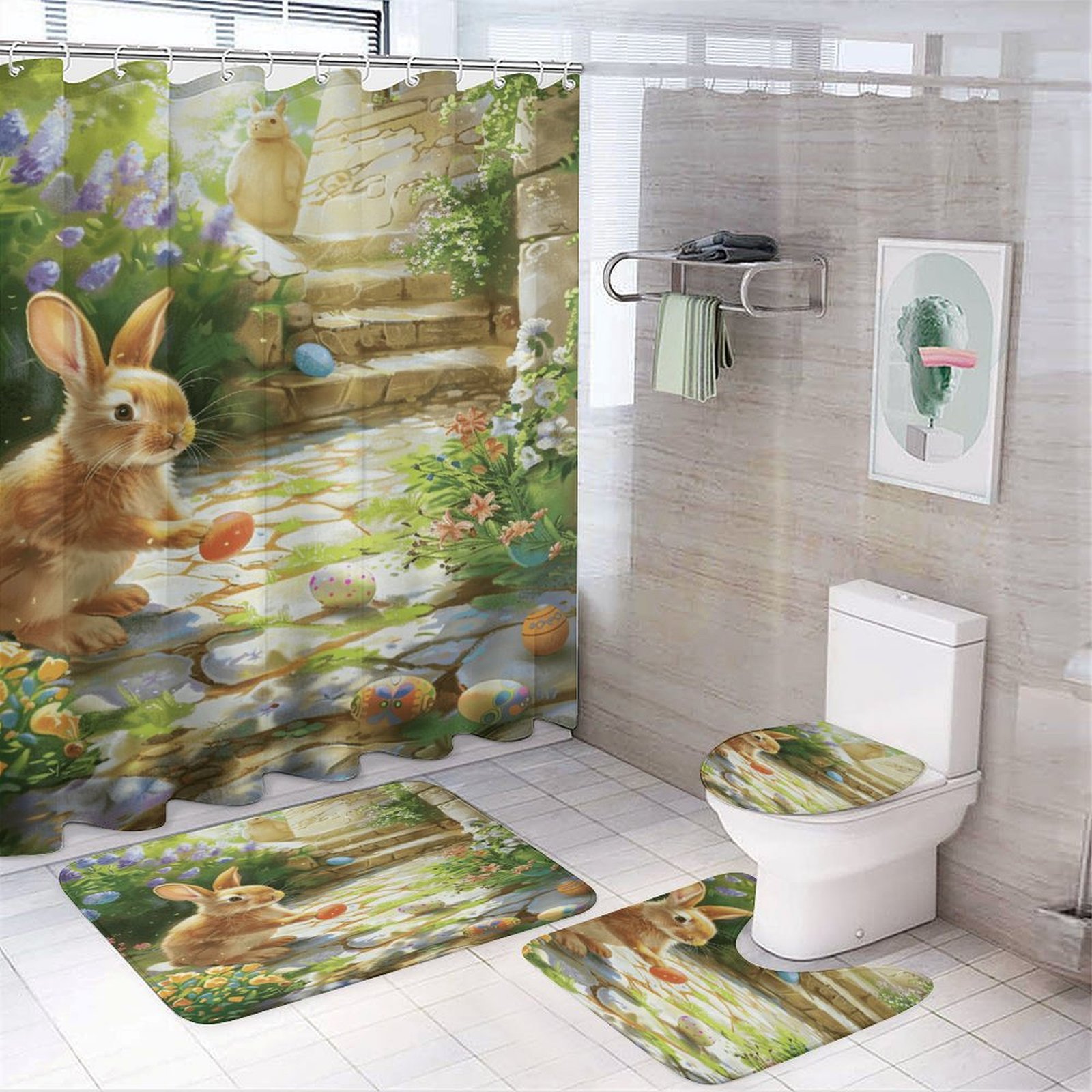 Easter Bunnies Rabbits Shower Curtain Home Decor, Polyester Cotton ...