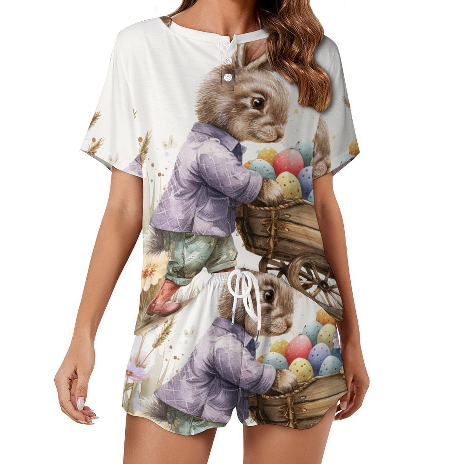 Easter Bunnies Rabbits Women's Ruffle Short Sleeve Tops And Shorts Cute ...