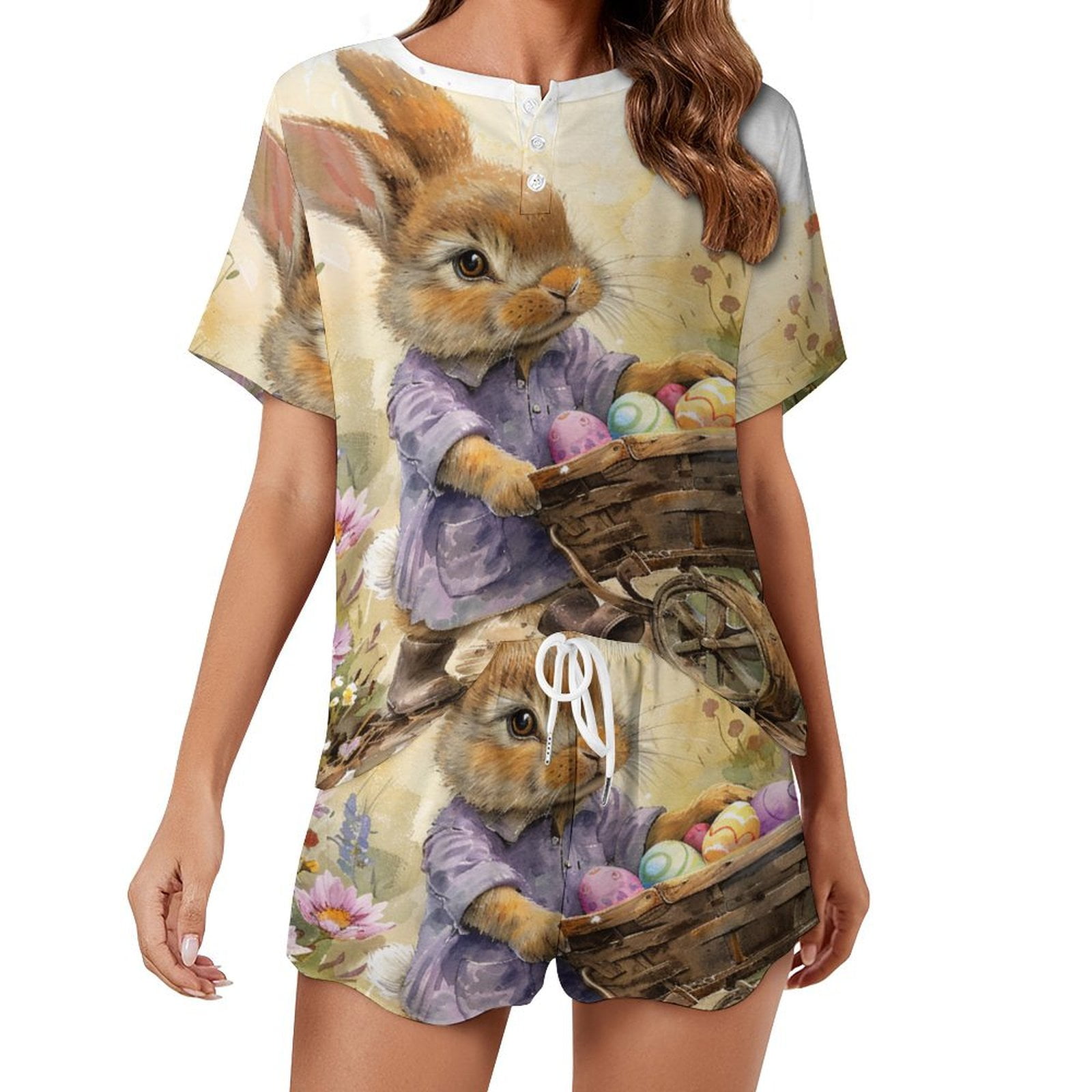Easter Bunnies Rabbits Women's Ruffle Short Sleeve Tops And Shorts Cute ...
