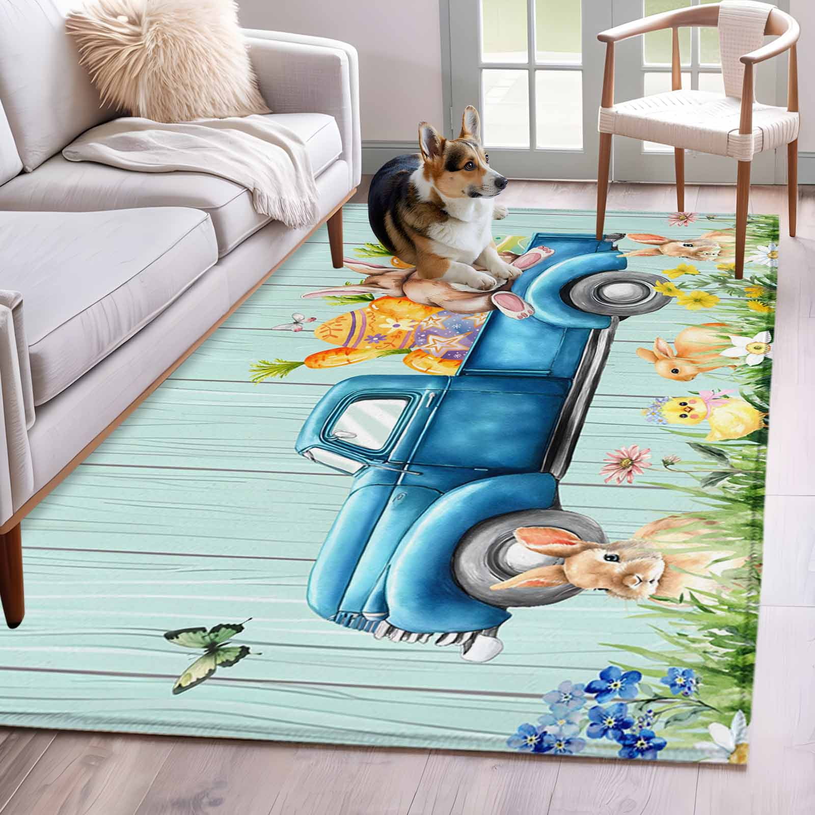 Easter Bunny Area Rug 3x5 Washable Rug Non Slip Spring Watercolor Truck ...