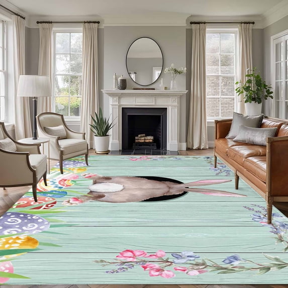 Easter Bunny Area Rug 5x8 Washable Rug Non Slip Eggs Cute Rabbit Green ...