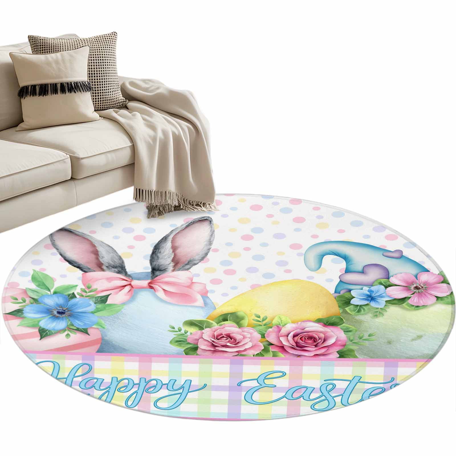 Easter Bunny Area Rugs 3ft Colorful Eggs Pink Rose Flower Bow Rabbit ...