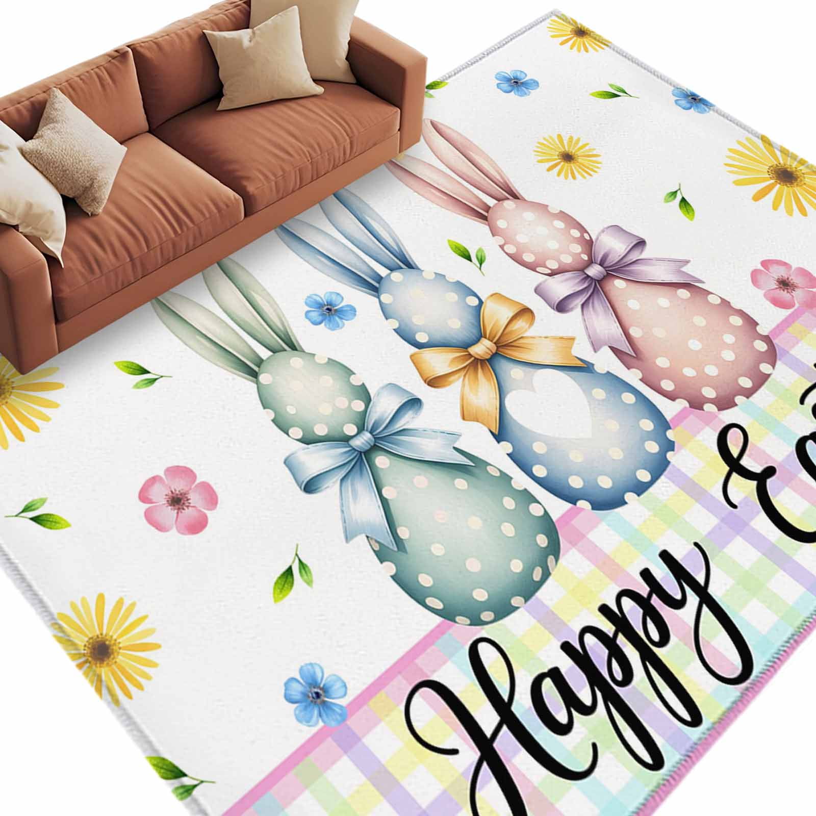 Easter Bunny Area Rugs 8x10ft Colorful Eggs Bow Rabbit Flower Polka ...
