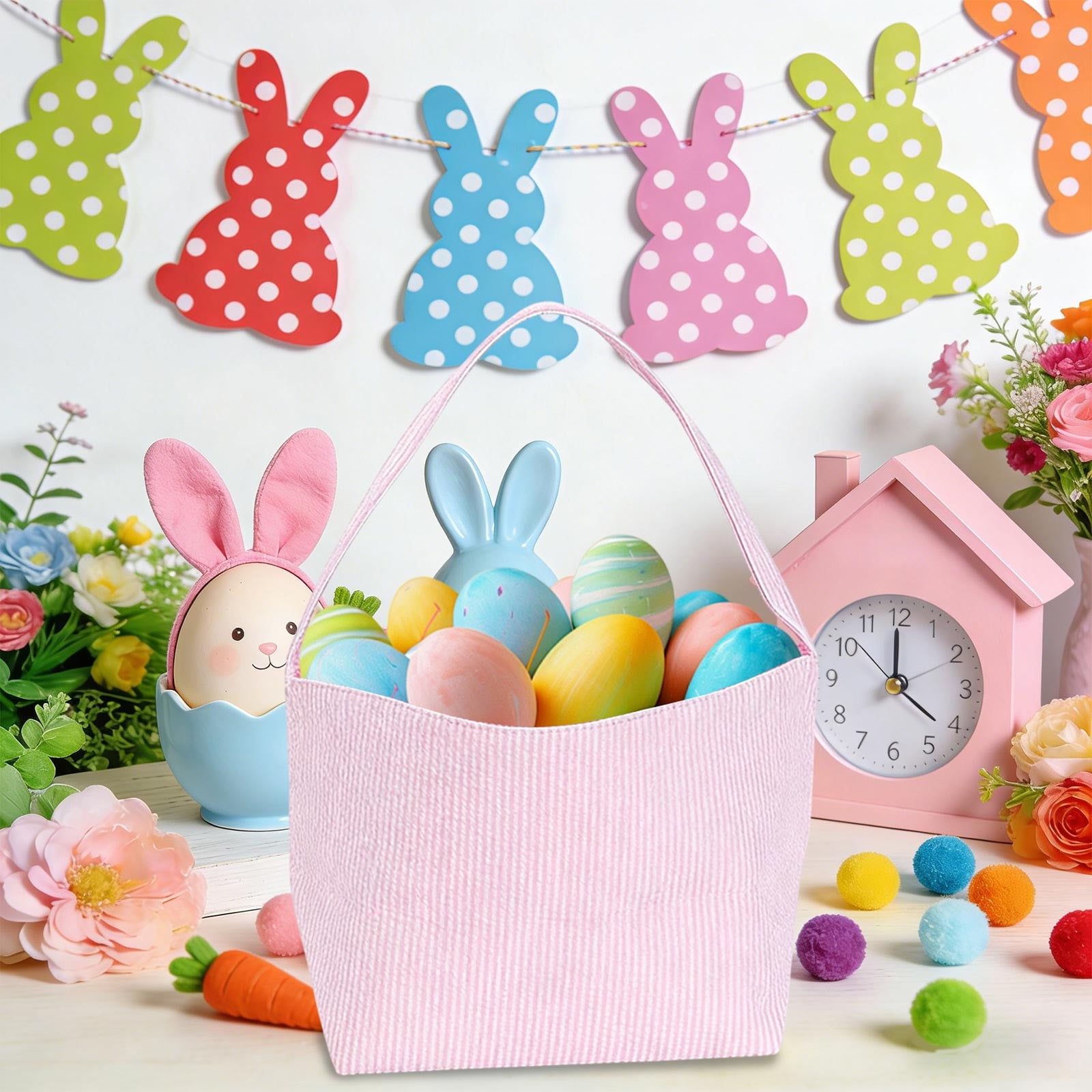 Easter Bunny Bag for Children, Canvas Handheld Gift Basket with Cute ...