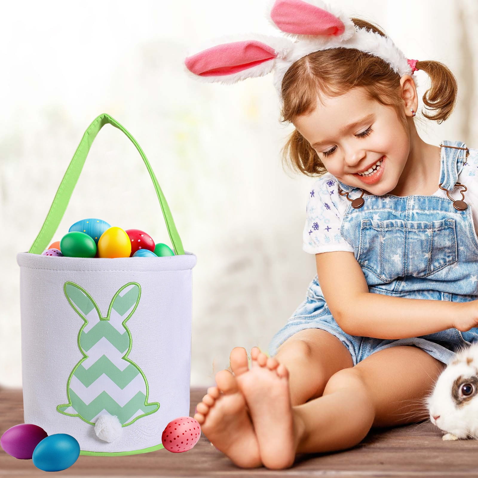 Easter Bunny Basket Egg Bags for Kids, Canvas Cotton Candy Egg Basket ...
