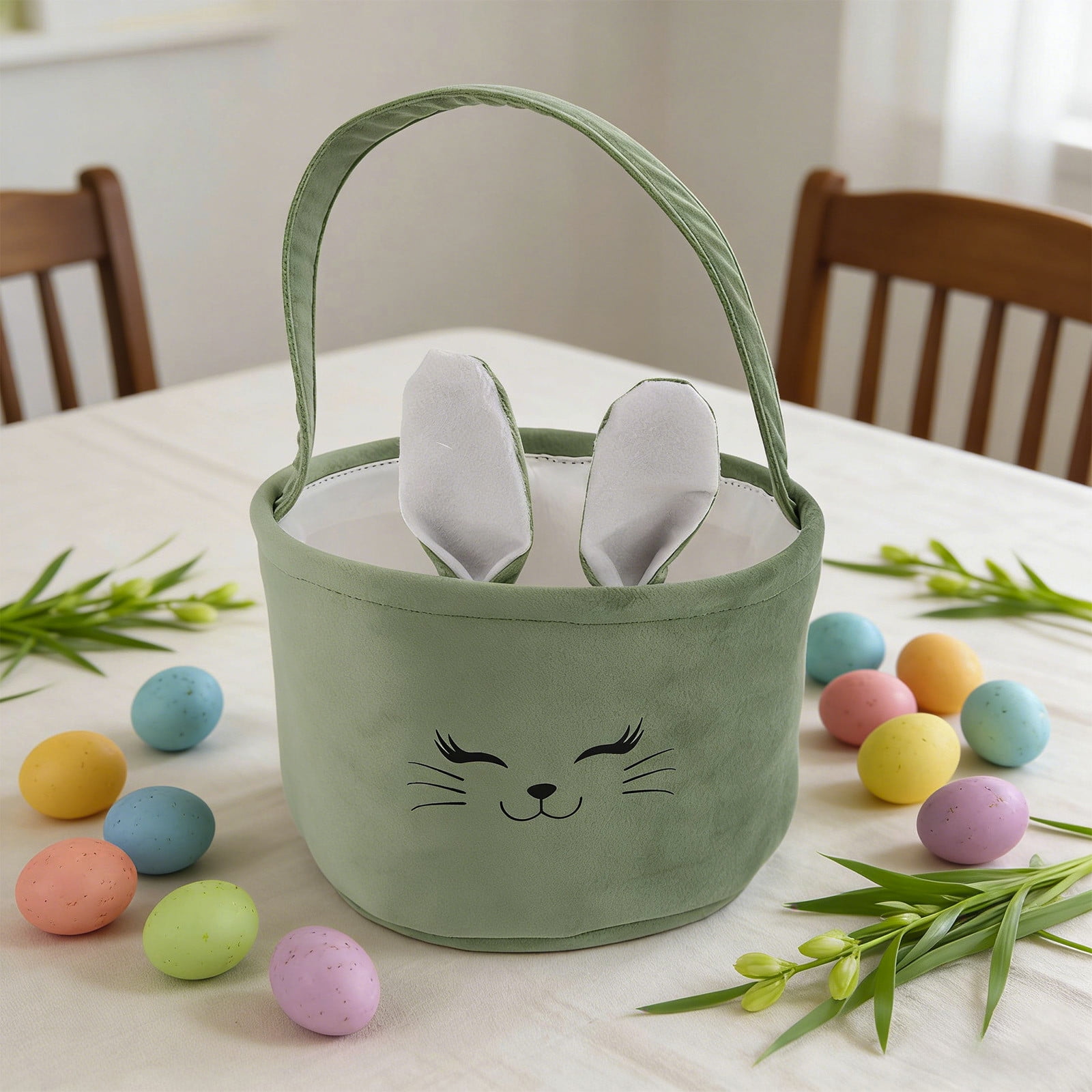 Easter Bunny Basket with Ears Cloth Gift Bag Foldable Tote for Easter ...