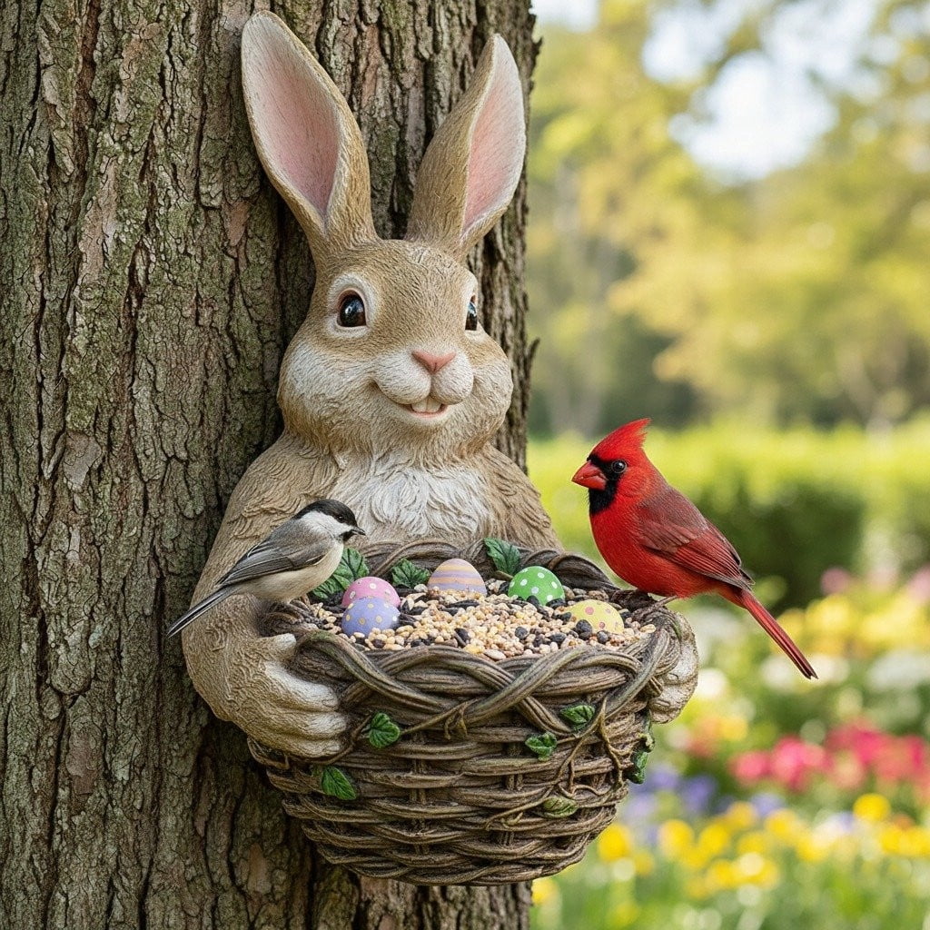 Easter Bunny Bird Feeder Resin Statue, Outdoor Garden Decor with Woven ...