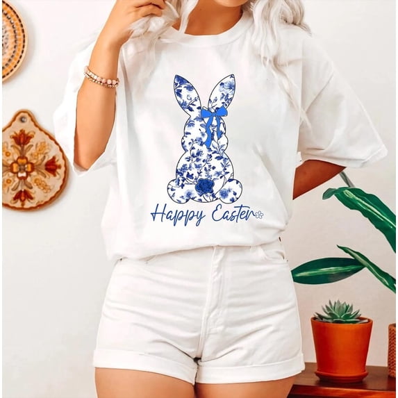 Easter Bunny Blue Floral Art Spring Holiday Cute Rabbit T-shirt ...