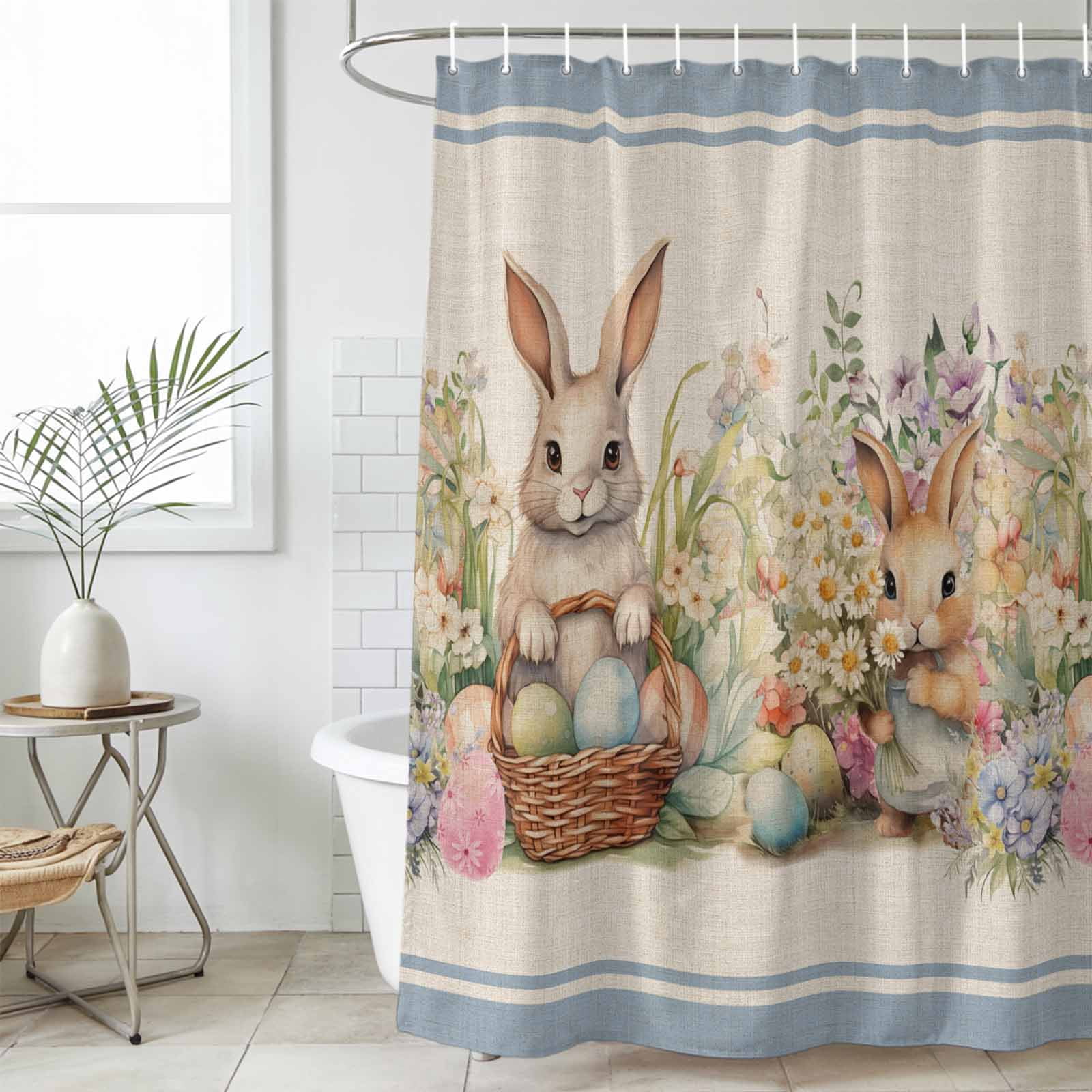 Easter Bunny Blue,Waterproof Fabric Shower Curtain,Rustic Daisy Flower ...