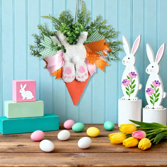 Easter Bunny Carrot Cone Plush Rabbit Decoration Multi-Colored Ribbon ...