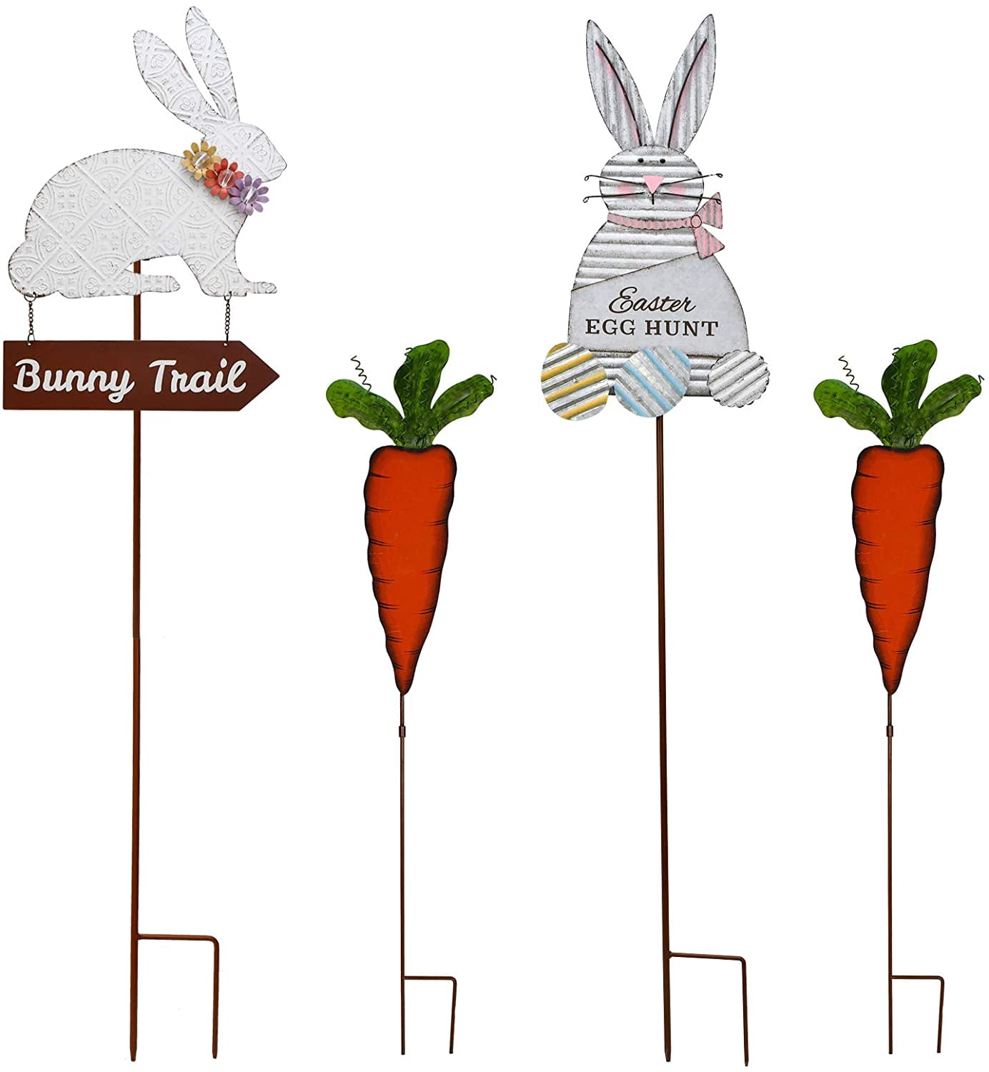 Easter Bunny & Carrot Yard Stake Set of 4, Outdoor Metal Easter Bunny ...