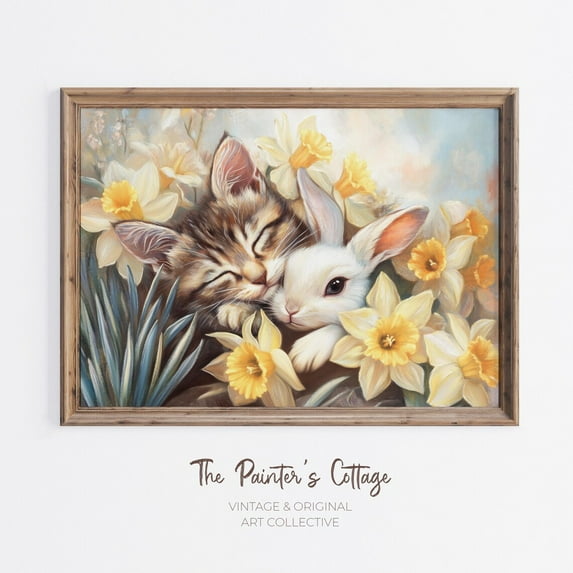 Easter Bunny And Cat In Daffodils, Floral Spring Wall Art Country Style ...