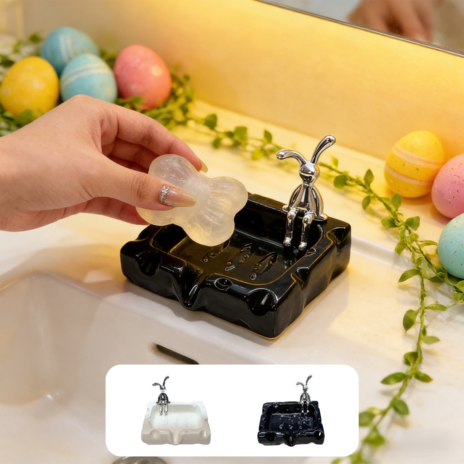 Easter Bunny Ceramic Soap Dish with Drain - Glossy Easy-to-Clean Cute ...