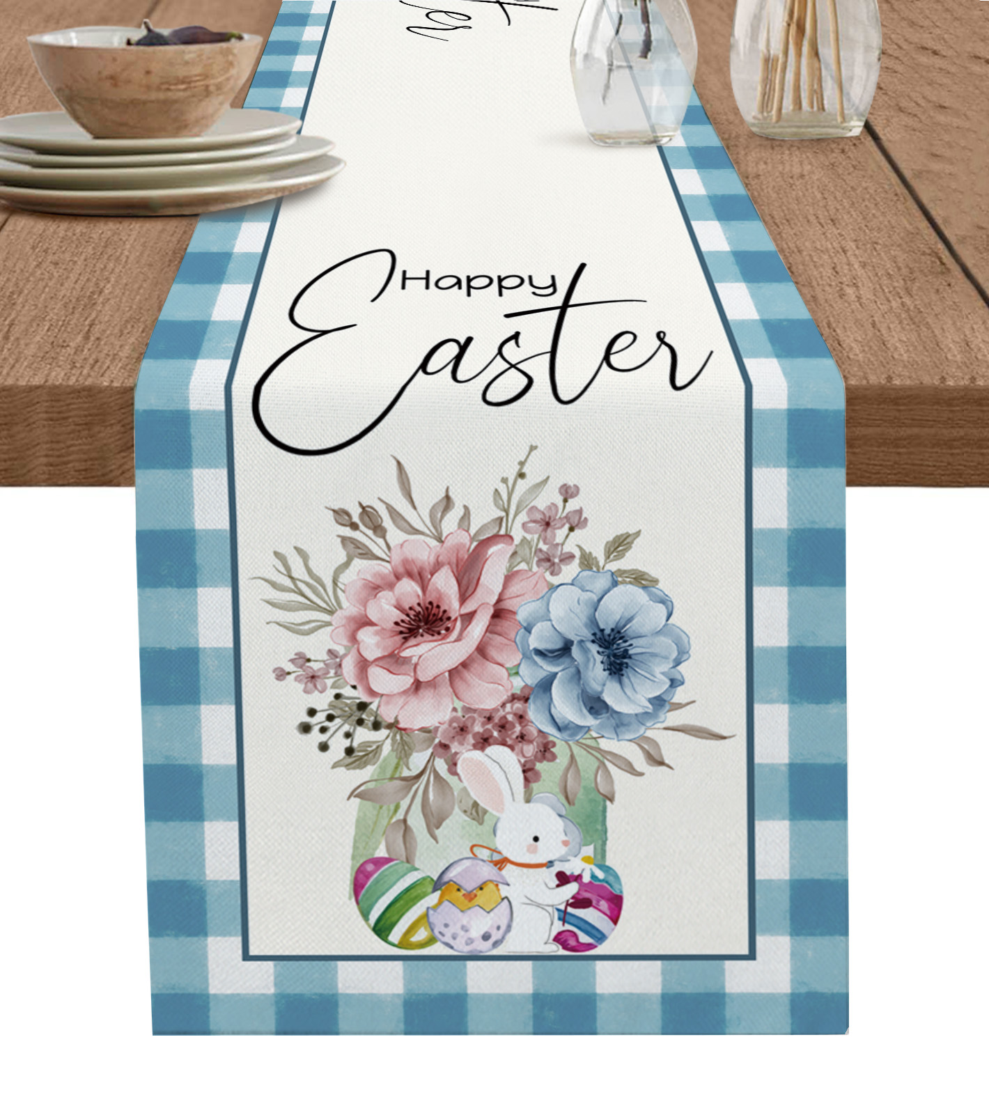 Easter Bunny Checkered Flower Egg Blue Table Runner Wedding r Table ...