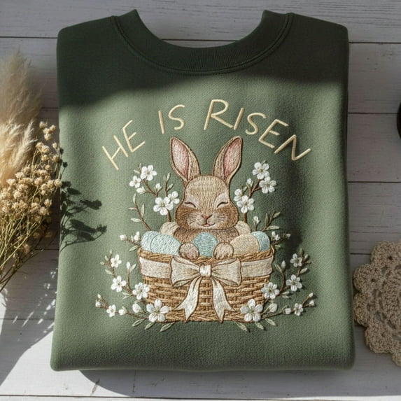 Easter Bunny Christian Embroidered Sweatshirt Bunny In Basket Flowers ...