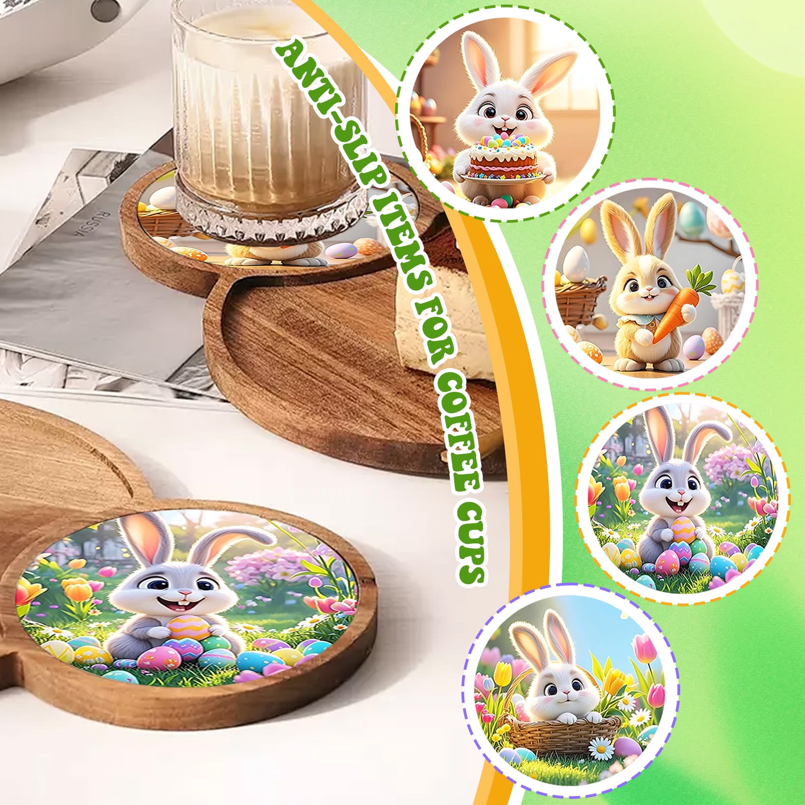Easter Bunny Coasters Set Wooden Coffee Mug Coaster Non-Slip Coaster ...