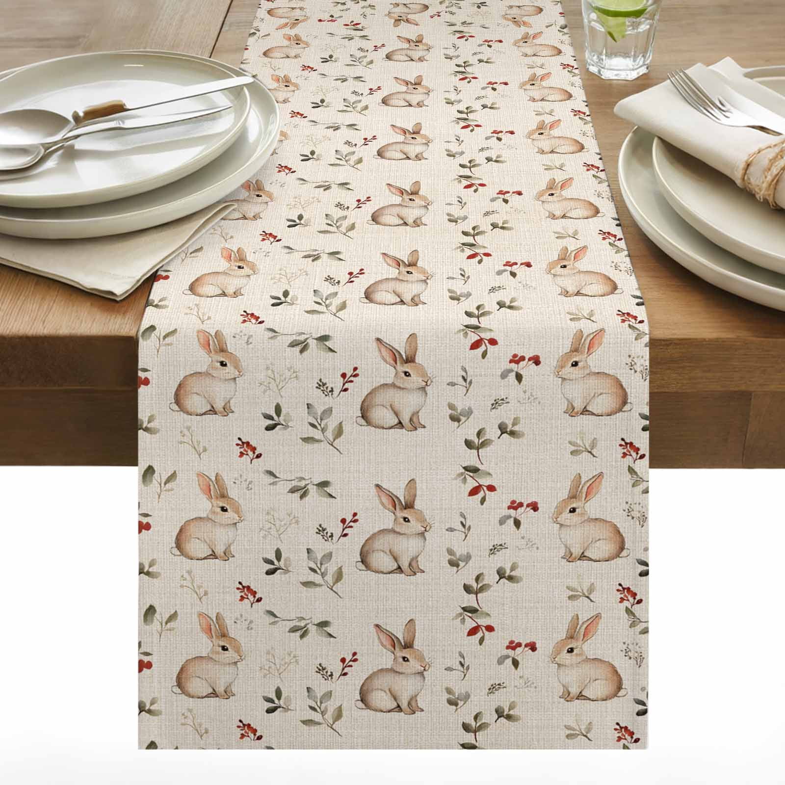 Easter Bunny Cotton Linen Table Runner Spring Watercolor Dining Table ...