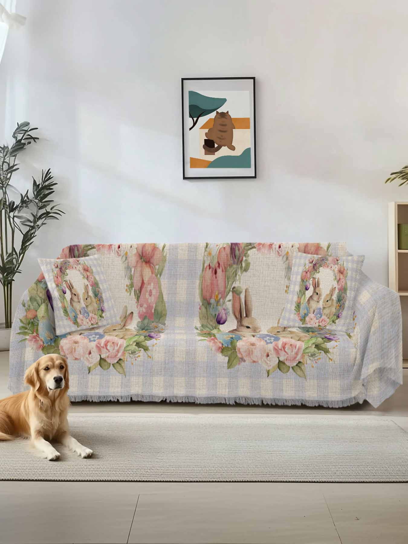 Easter Bunny Couch Cover, Watercolor Flower Eggs Retro Buffalo Plaid ...