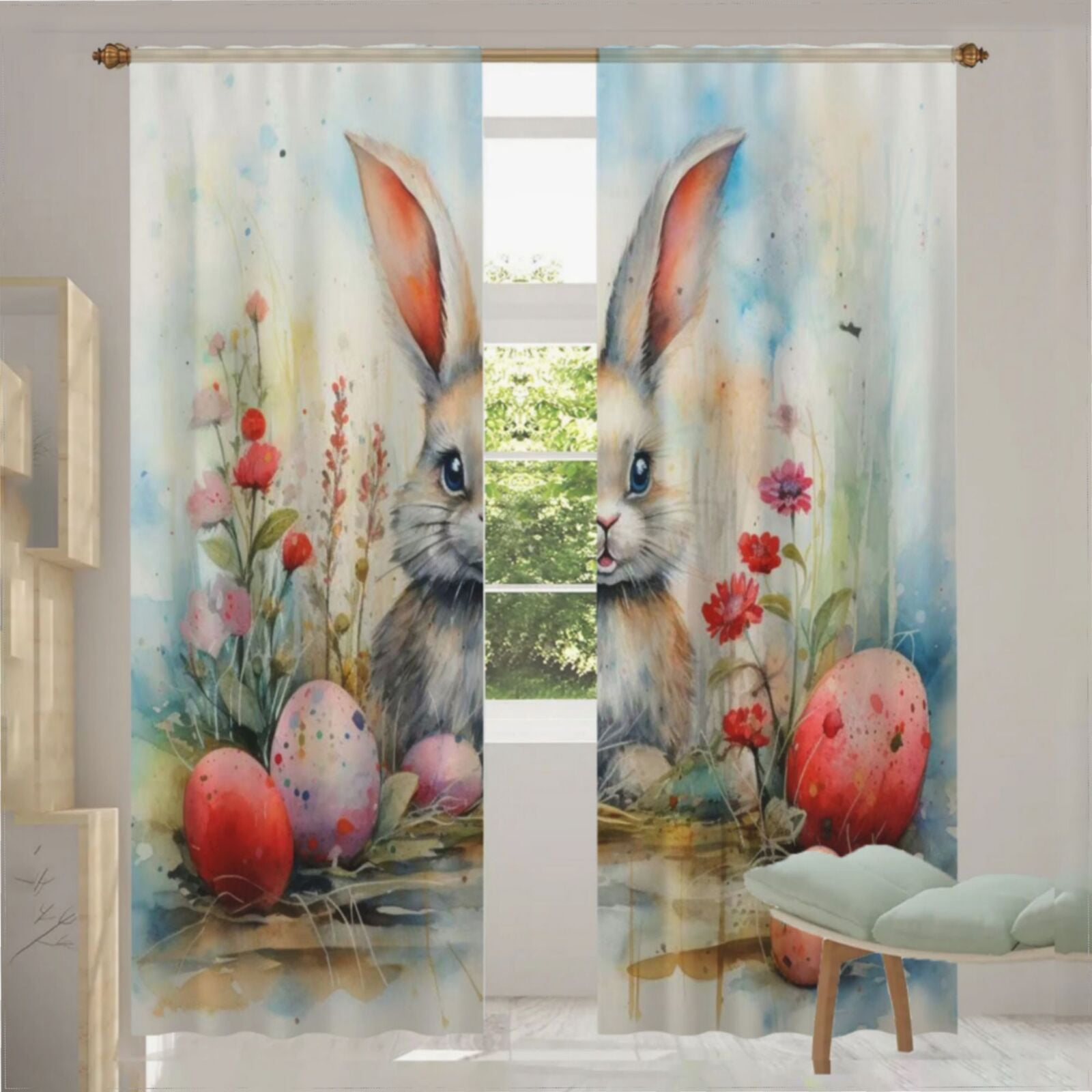 Easter Bunny Curtains for Living Room Bedroom Decor Transparent Chiffon ...