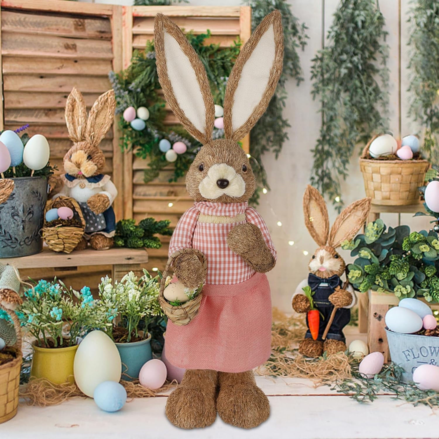 Easter Bunny Decor, 2.7FT Large Rabbit Statue with Easter Basket Eggs ...
