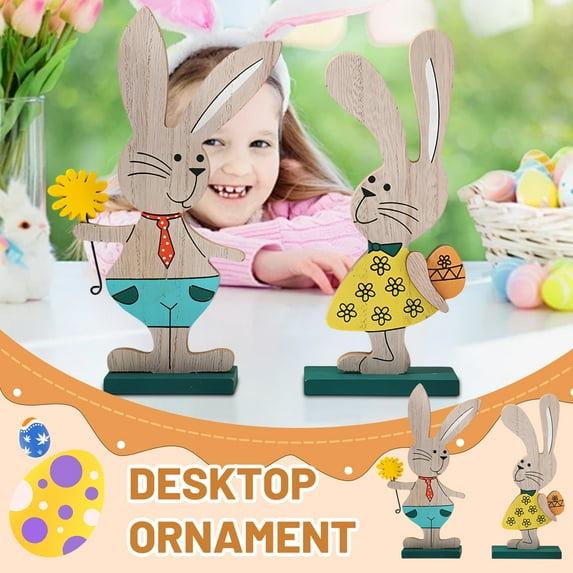 Easter Bunny Decor 2pcs Wooden Rabbits Figurines Home Table Ornaments ...