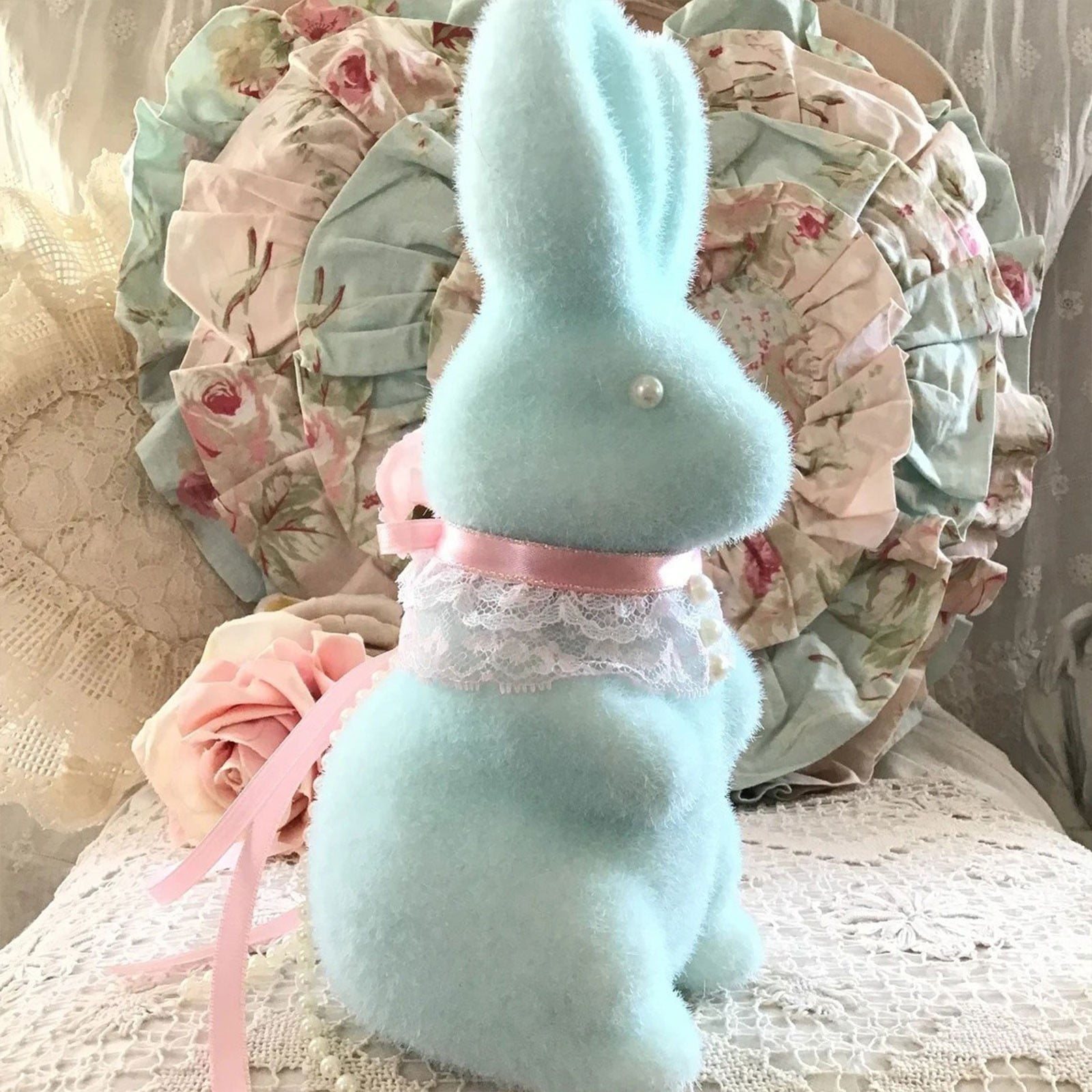 Easter Bunny Decor for Home - Flocked Bunny with Lace Collar & Pearl ...