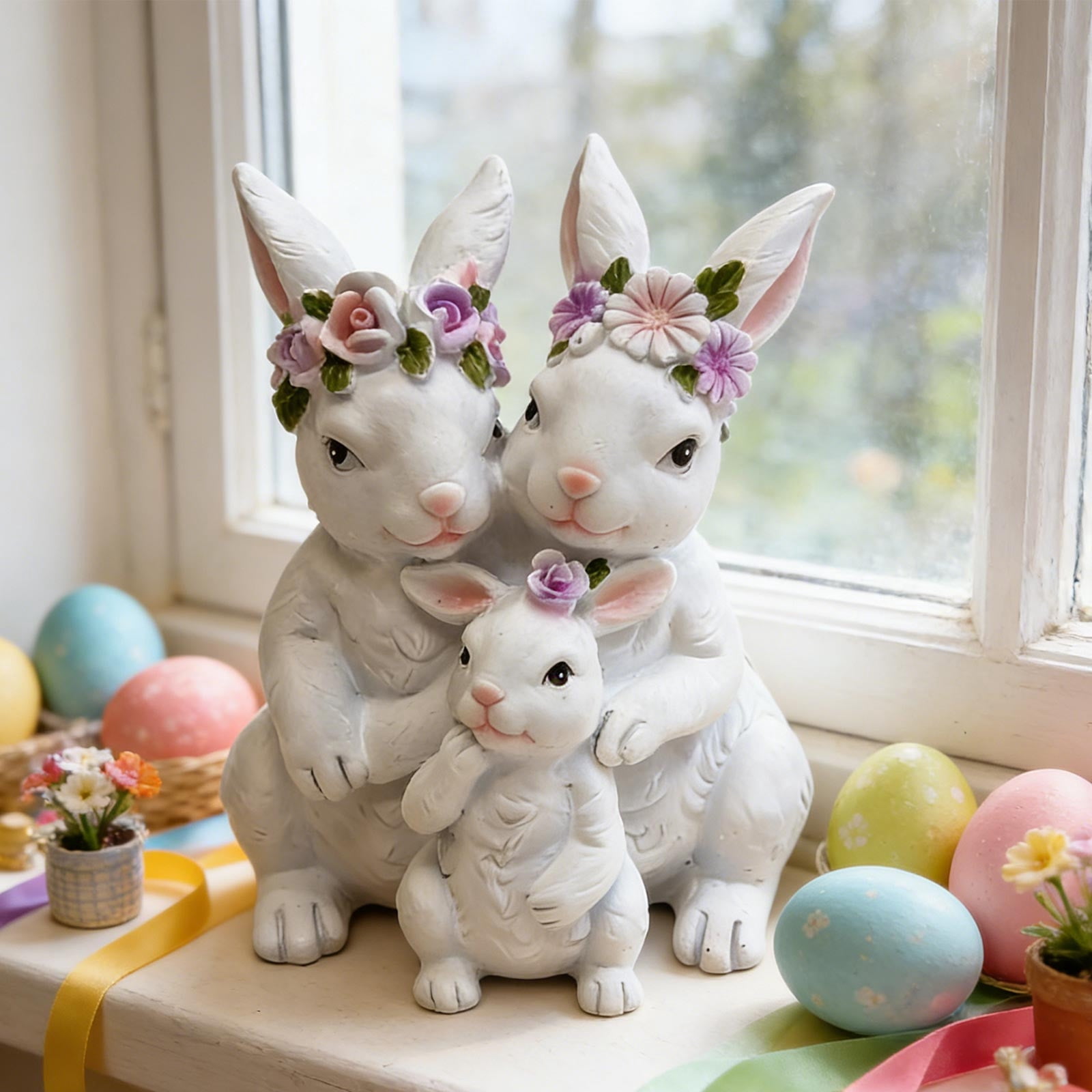 Easter Bunny Decor Resin Cute Rabbit Figurines Floral Crown Headbands ...
