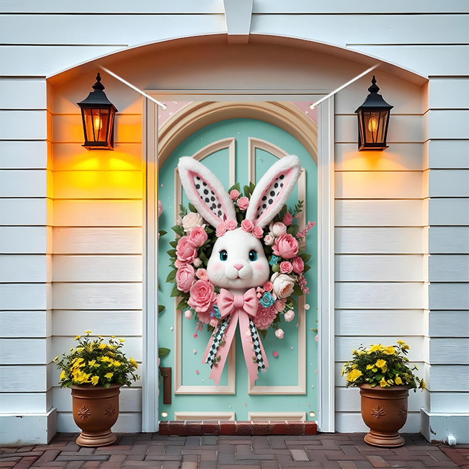Easter Bunny Door Cover, 35.4"*70.8" Spring Floral Wreath and Bunny ...