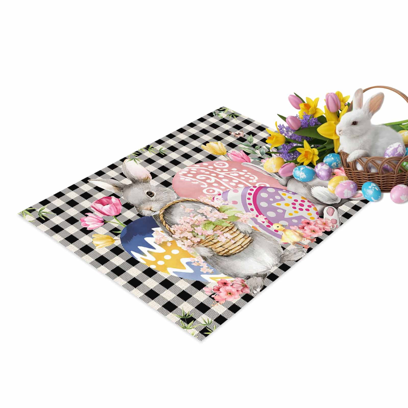 Easter Bunny Door Mat Colorful Texture Eggs Pink Yellow Tulips Leaf ...
