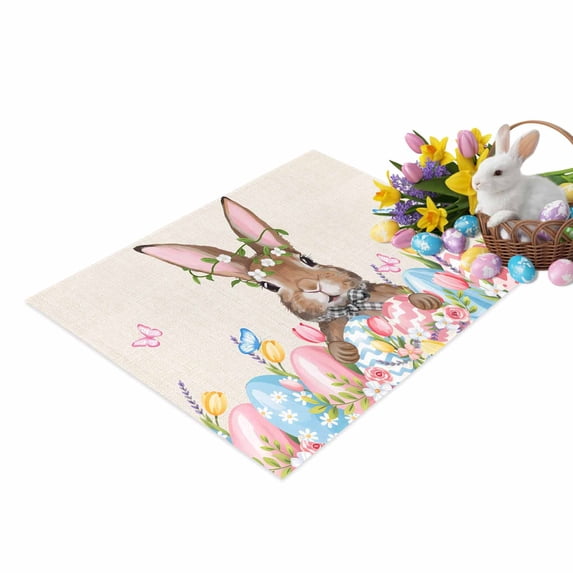 Easter Bunny Door Mat Spring Tulips Flowers Floral Pink Blue Eggs Linen ...