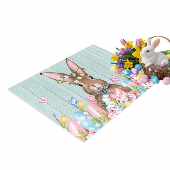 Easter Bunny Door Mat Spring Tulips Flowers Floral Pink Blue Eggs Teal ...
