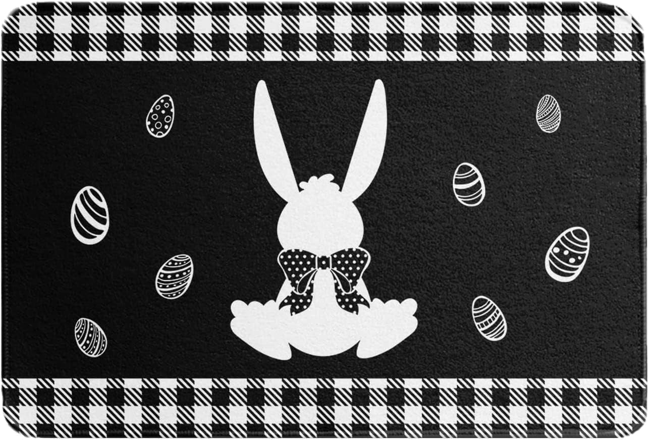 Easter Bunny Doormat Absorbent Floor Mats, Spring Black and White Plaid ...