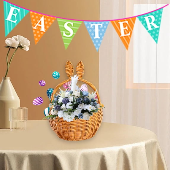 Easter Bunny Ear Basket Handheld Flower Basket, Imitation Rattan Paper ...