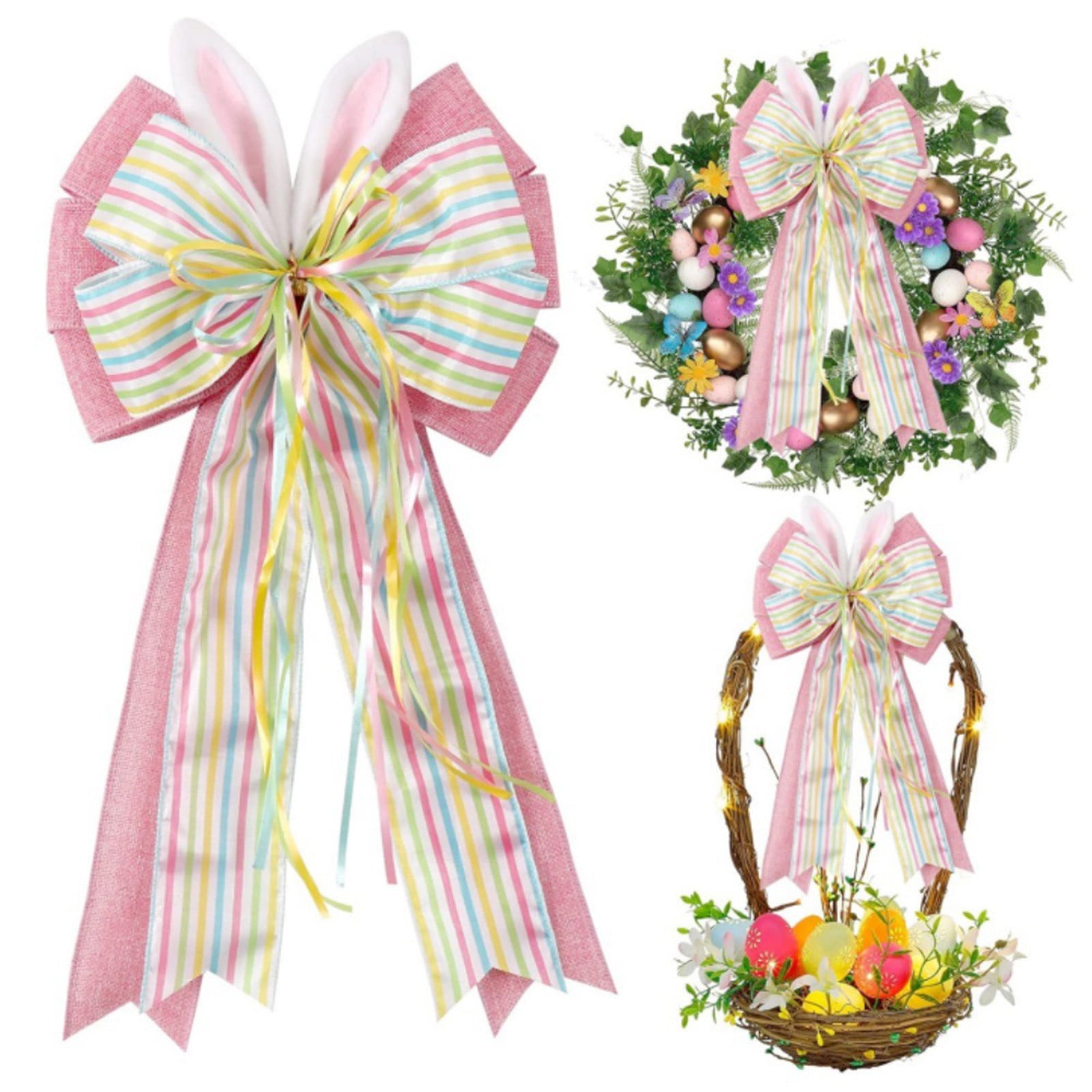 Easter Bunny Ear Bow Decoration - Large Colorful Striped & Pink Burlap ...