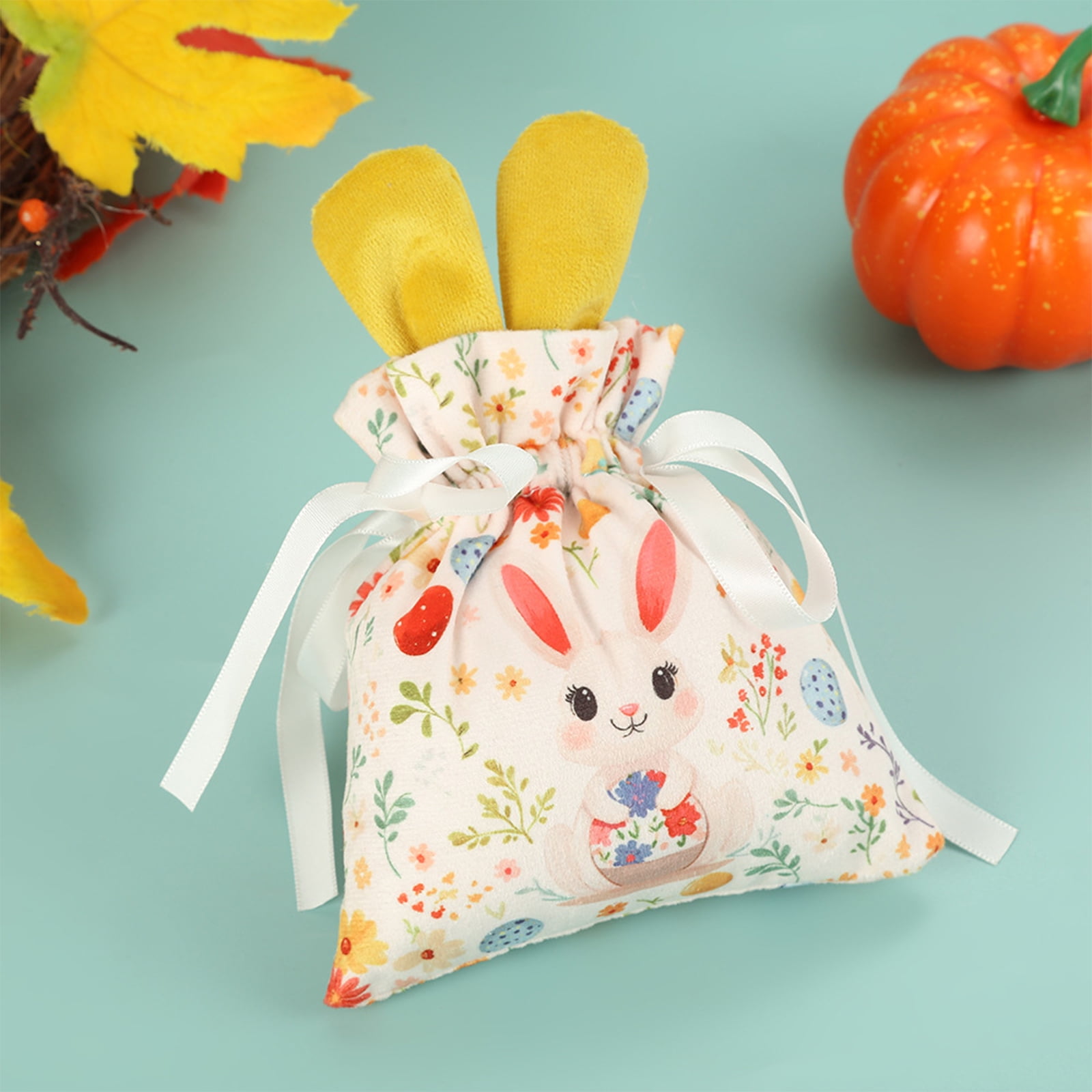 Easter Bunny Ear Drawstring Gift Bag, Floral Rabbit Design With Yellow ...