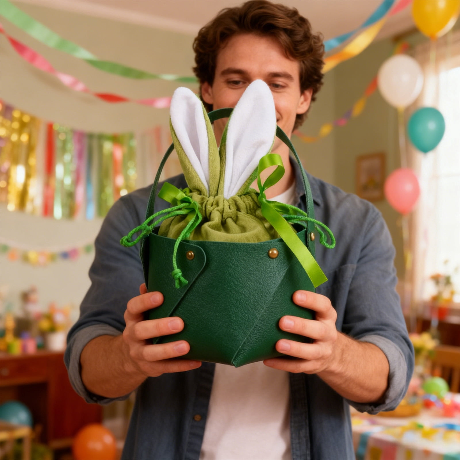 Easter Bunny Ear PU Leather Gift Bag, 10x8cm Handheld Basket with ...