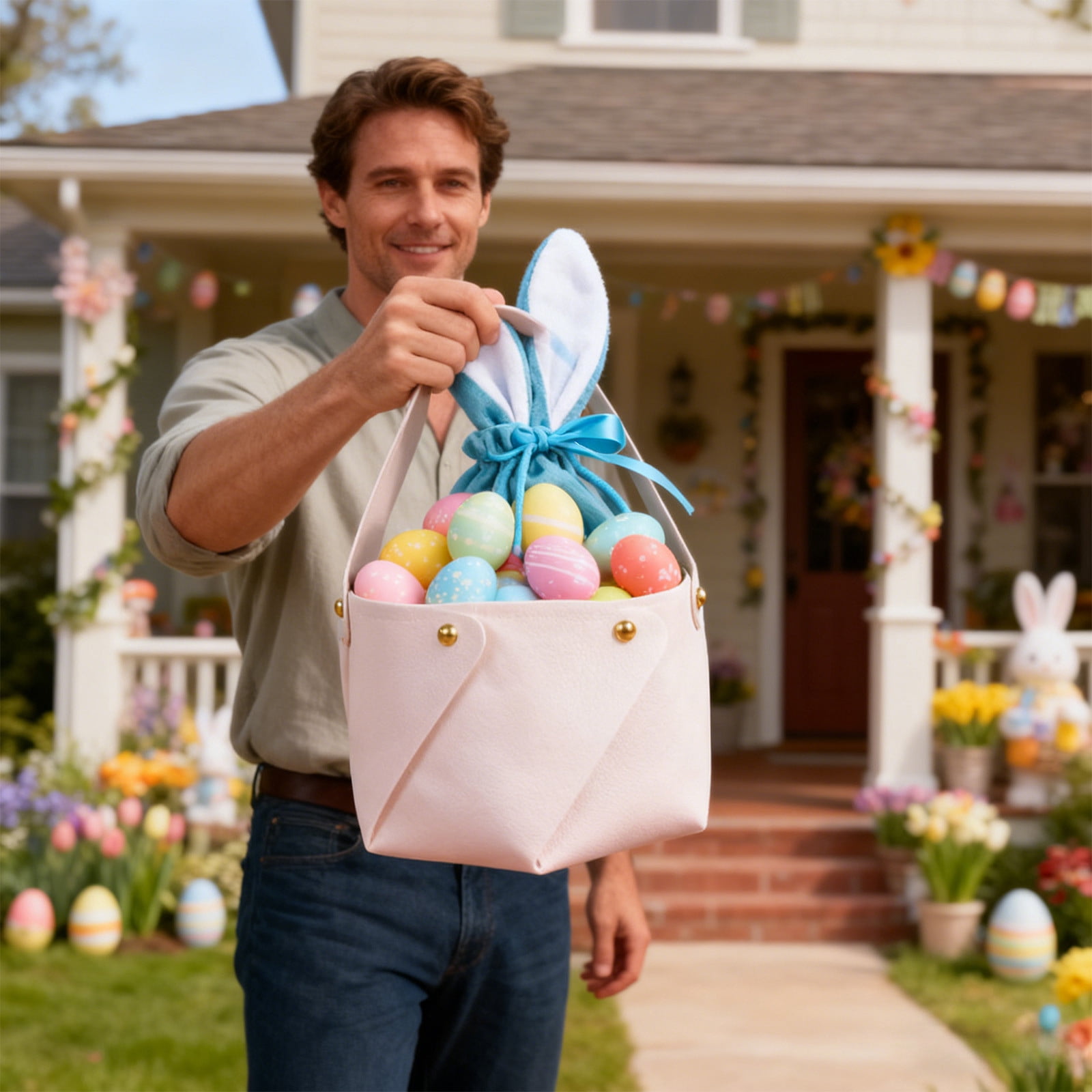 Easter Bunny Ear PU Leather Gift Bag, 10x8cm Handheld Basket with ...