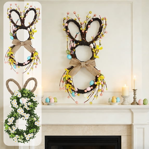 Easter Bunny Ear Rattan Wreath - Faux Flower Green Leaf Door Hanging ...
