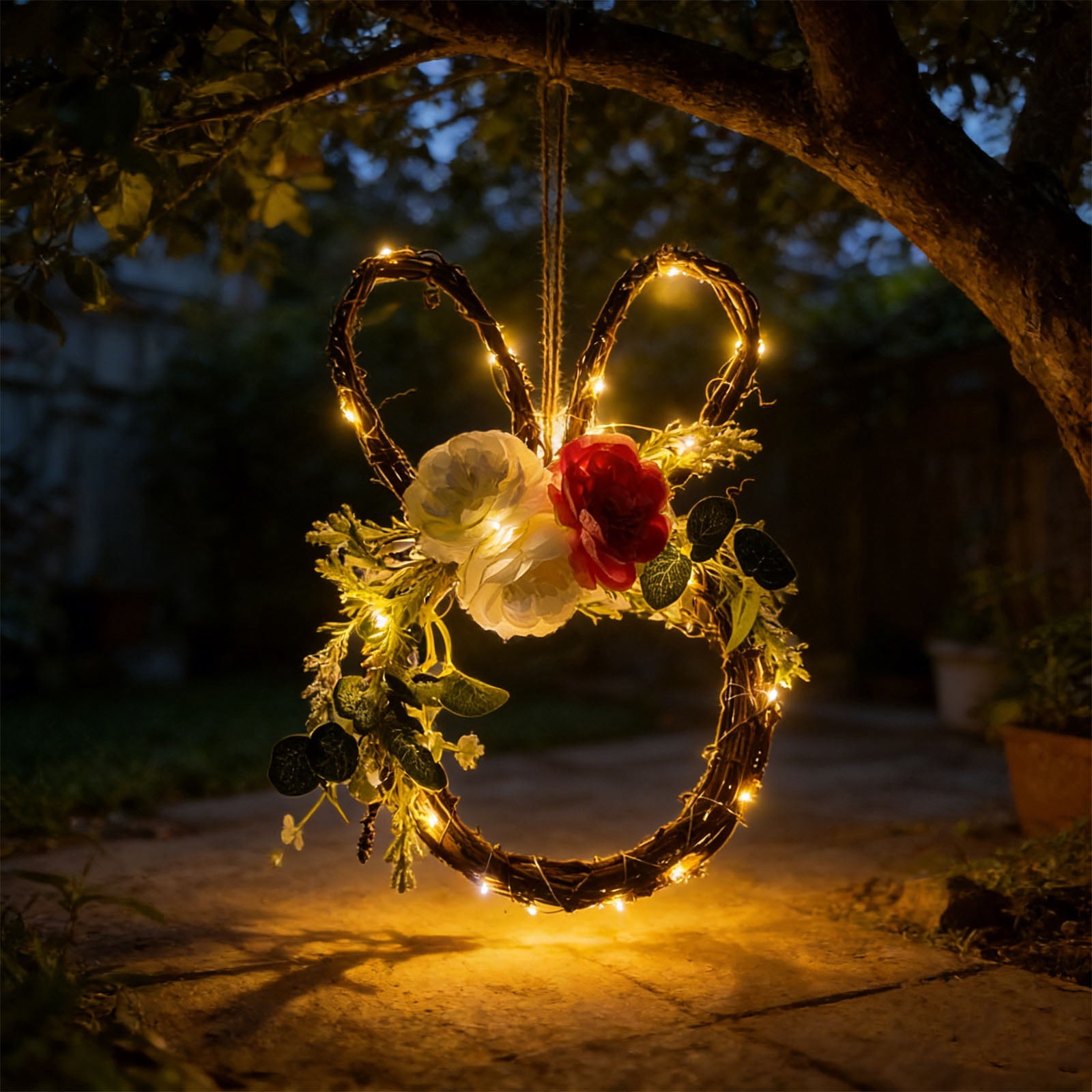 Easter Bunny Ear Wreath - Rattan Base with Faux Flowers & LED Lights ...