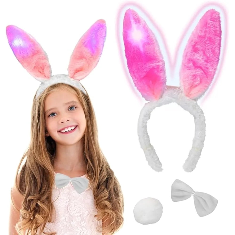 Easter Bunny Ears 3 Piece Set with LED Light - Bowtie, Tail Outfit for ...