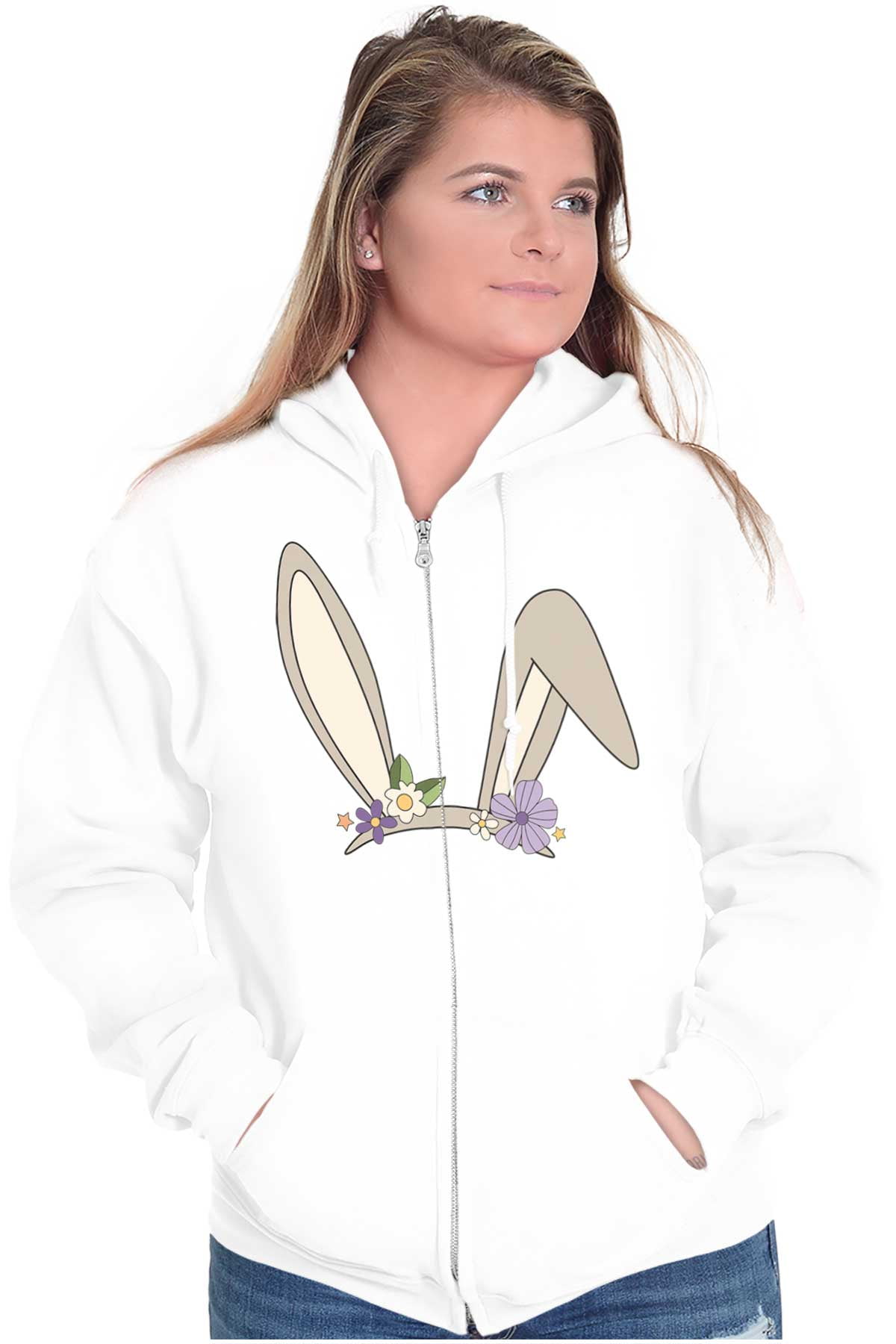 Easter Bunny Ears Flower Crown Womens Plus Size Graphic Zipper Hoodie ...