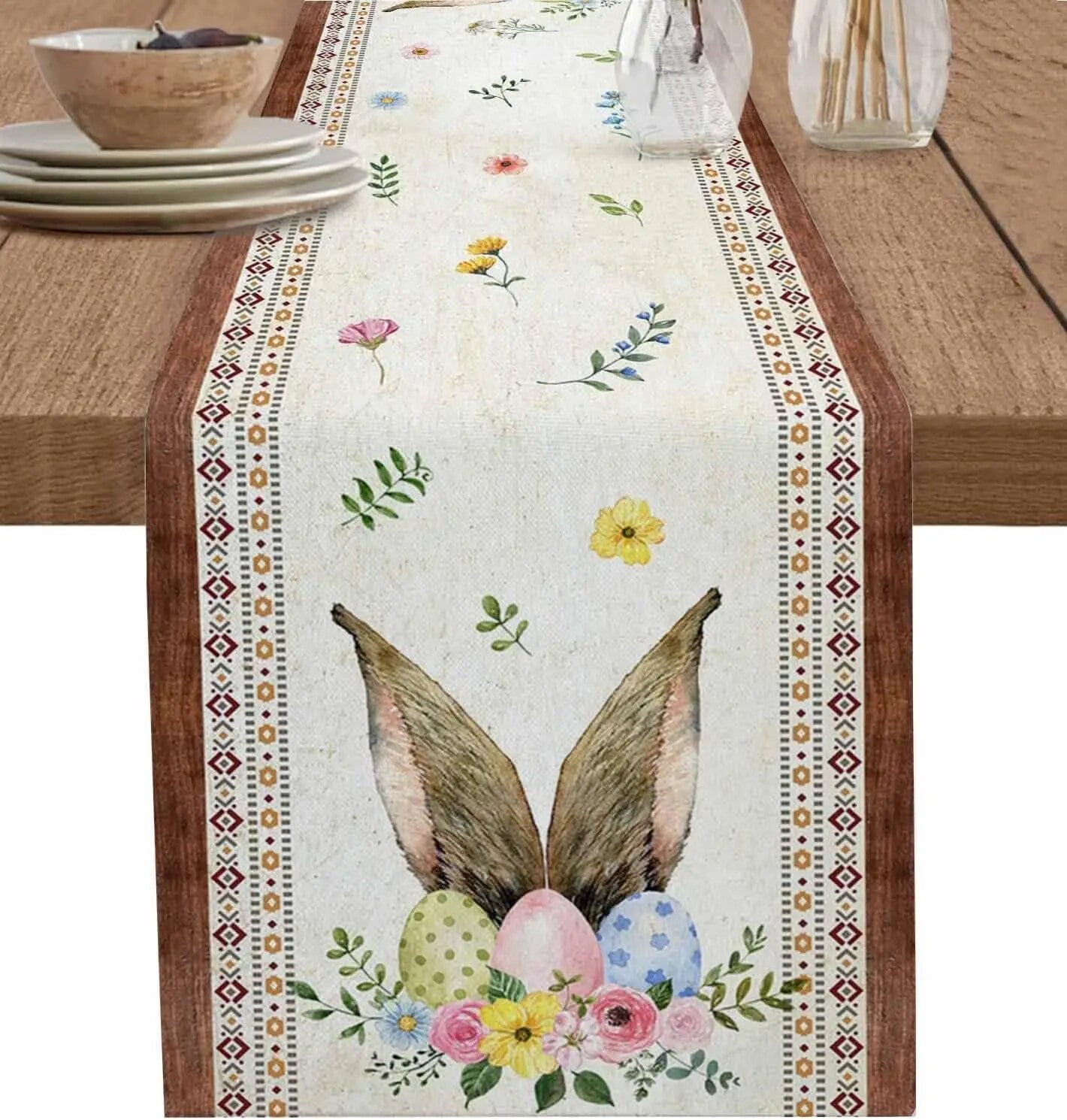 Easter Bunny Ears Spring Flroal Botanical Linen Table Runner Dresser ...