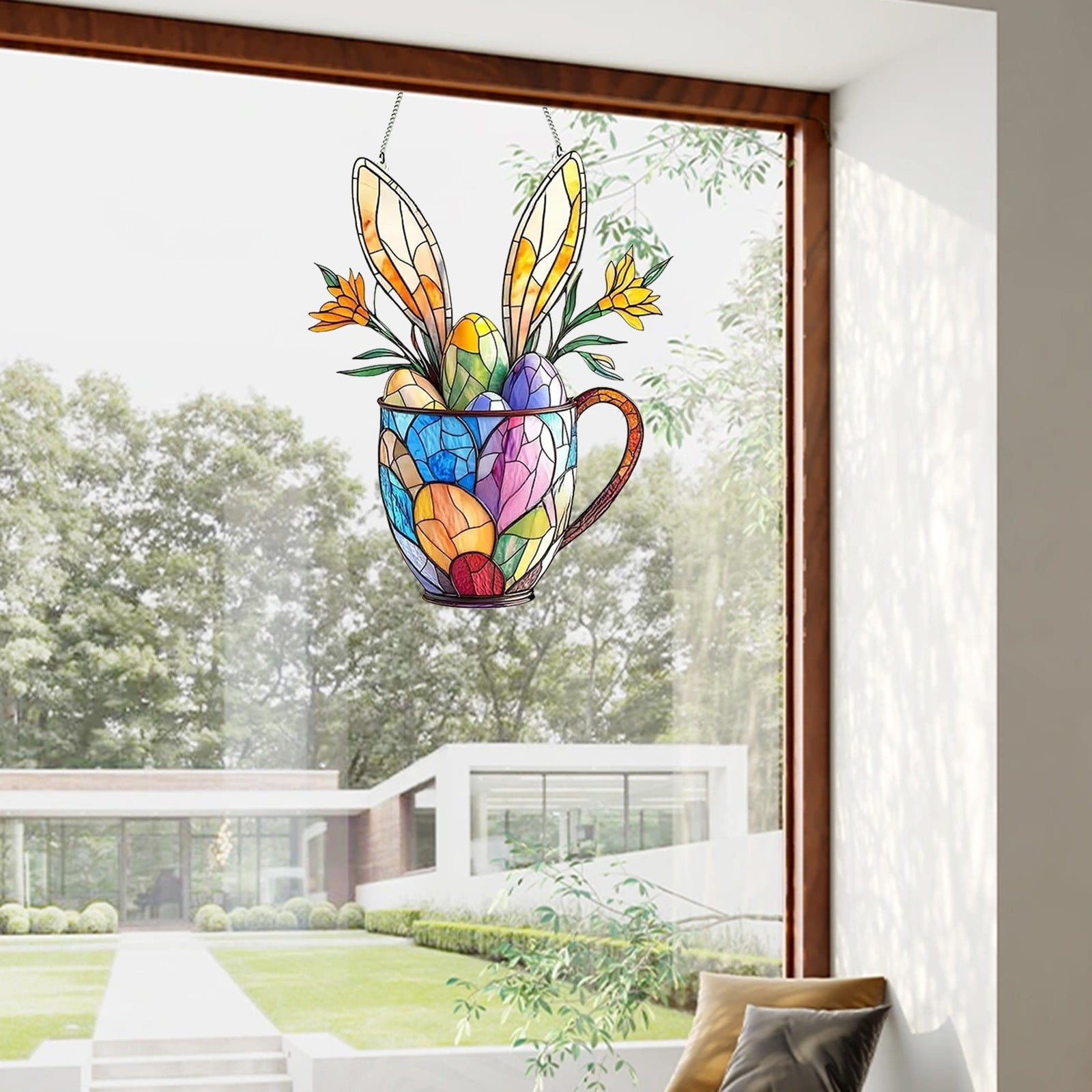 Easter Bunny Ears Stained Glass Suncatcher, Eggs in Cup Window Hanging ...