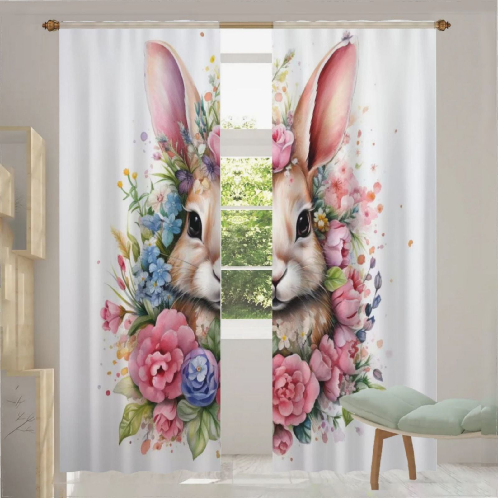 Easter Bunny Easter Bunny Flowers Sheer Window Curtains for Living Room ...