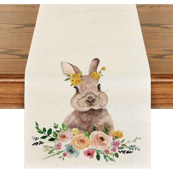 Easter Bunny Easter Table Runner Off-White, Seasonal Spring Flowers ...