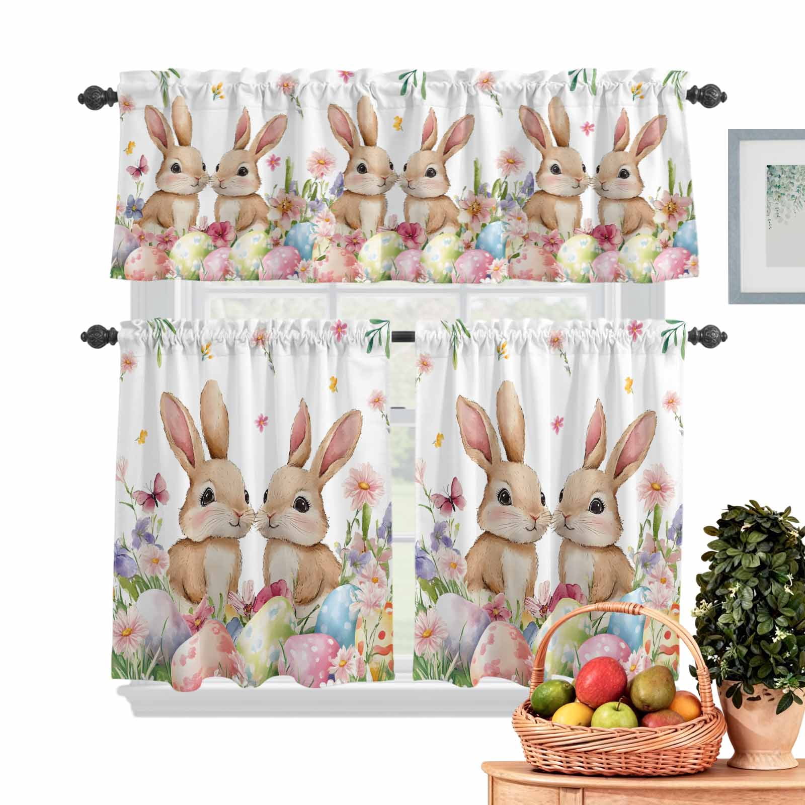 Easter Bunny Egg Kitchen Curtains Valances 3 Piece Set, Watercolor ...