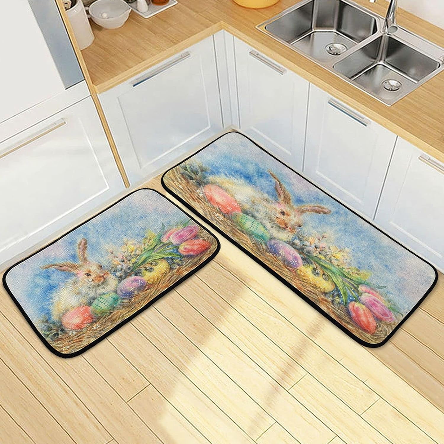 Easter Bunny Egg Kitchen Mat Rugs Set of 2 Vintage Rabbit Comfort Floor ...