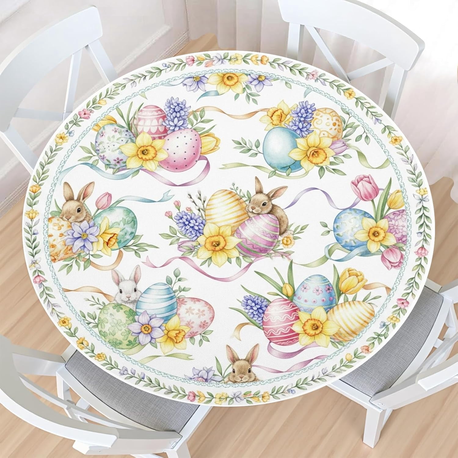 Easter Bunny Egg Round Fitted Tablecloth with Elastic Edge,Waterproof ...