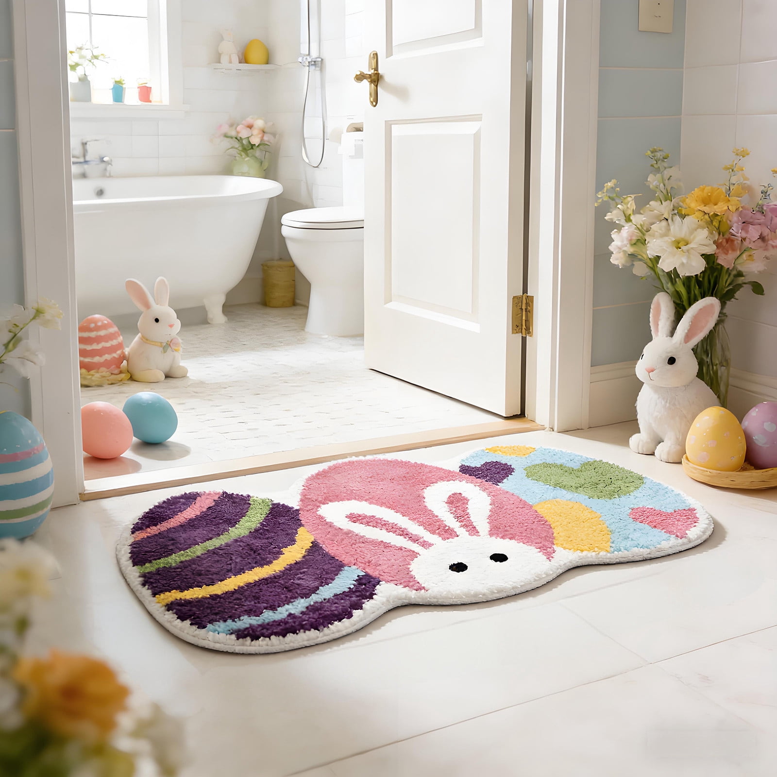 Easter Bunny Egg Shape Rug, Non-Slip Bathroom Kitchen Mat, Waterproof Indoor Door Mat for Easter ...