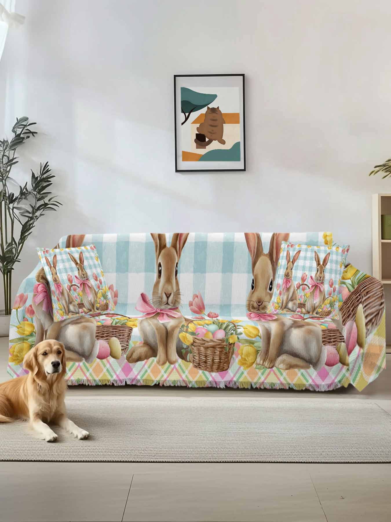Easter Bunny Eggs Couch Cover for 2 Cushion Sofa, Spring Tulips Farm ...